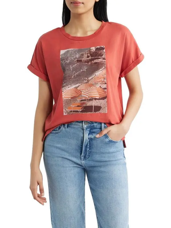 CITY BLUES Cuffed Stretch Cotton Graphic T-shirt - Brick