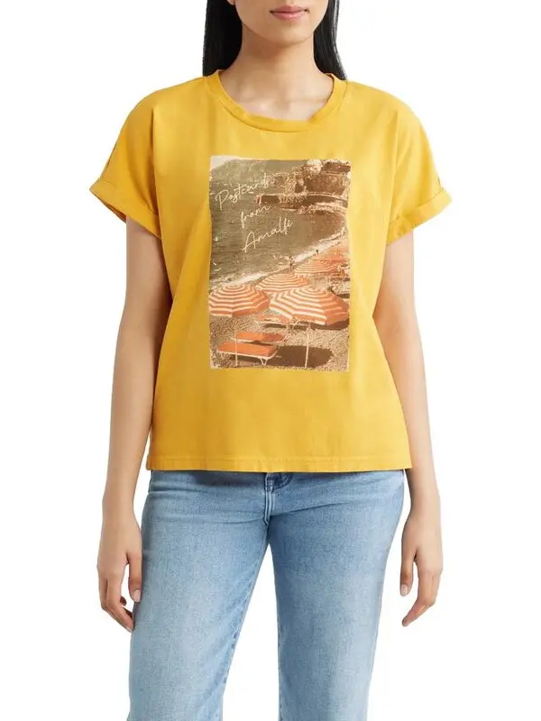 CITY BLUES Cuffed Stretch Cotton Graphic T-shirt - Mustard