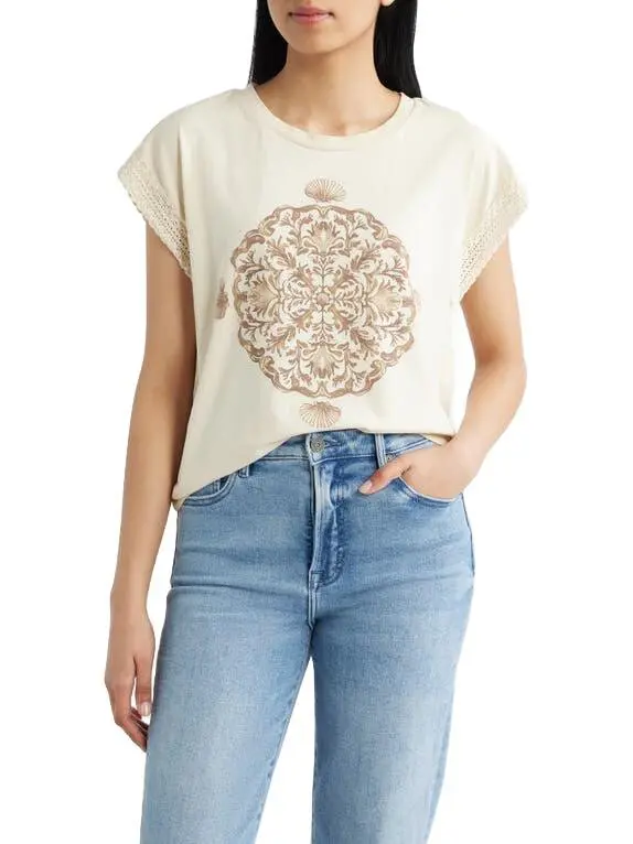 CITY BLUES Lace Trim Graphic T-shirt - Parchment