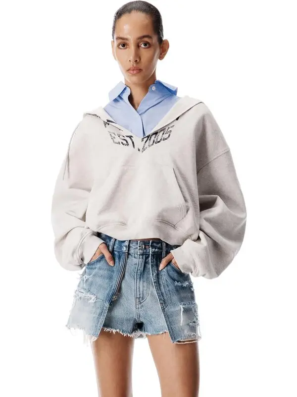 Alexander Wang Layered Hoodie With Cropped Shirt Insert - Lt Heather Grey/ Oxford Blue