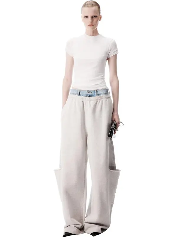 Alexander Wang Relaxed Fit Sweatpant With Denim Waistband Detail - Lt Heather Grey/light Powder Blue