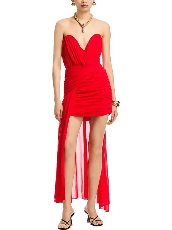 Bardot Strapless Ruched Mini Dress - Fire Red