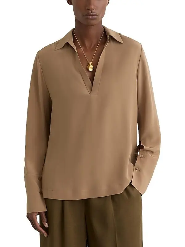 REISS Maria Silk Shirt - Camel