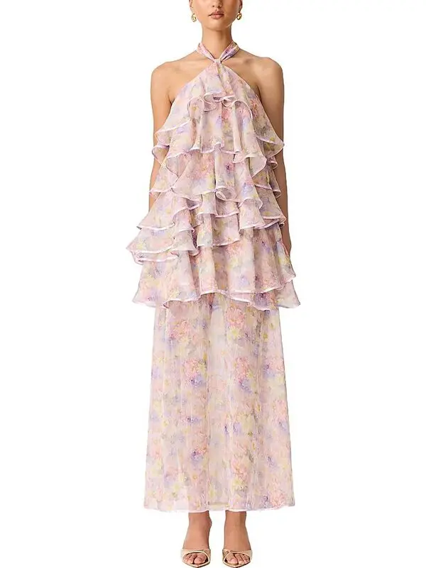 ELLIATT Alindra Halter Neck Maxi Dress With Tiered Ruffles - Floralmult