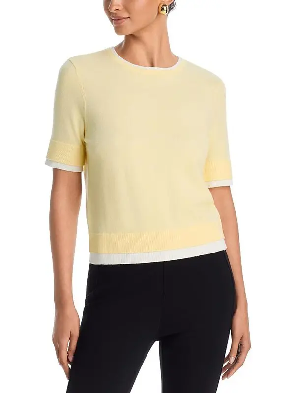 Aqua Double Layer Short Sleeve Crewneck Sweater - Butter Yellow/white