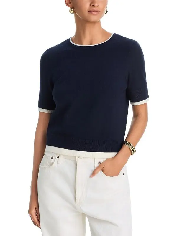 Aqua Double Layer Short Sleeve Crewneck Sweater - Navy/white