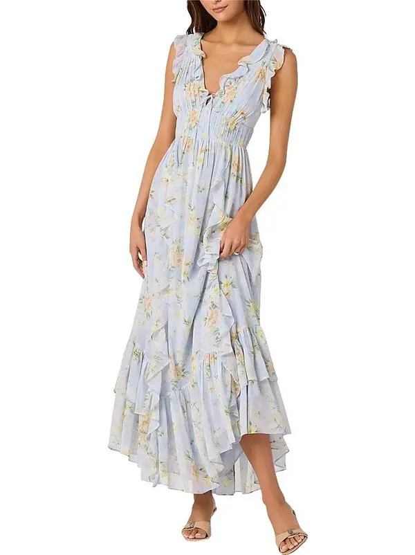 Astr The Label Sleeveless Floral Print Maxi Dress With Ruffles - Light Blue