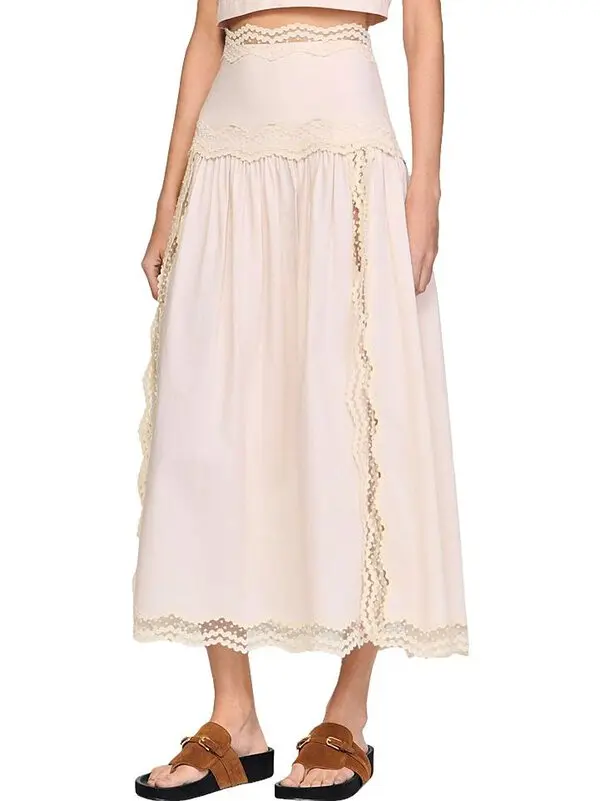 Sandro Long Cotton Skirt With Lace Detailing - Light Pink