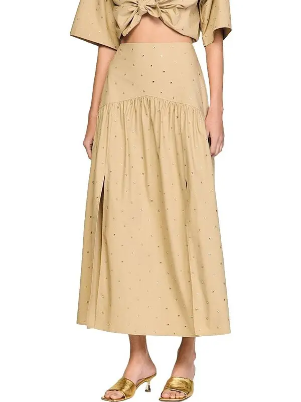 Sandro Embellished Cotton Maxi Skirt With Slits - Beige