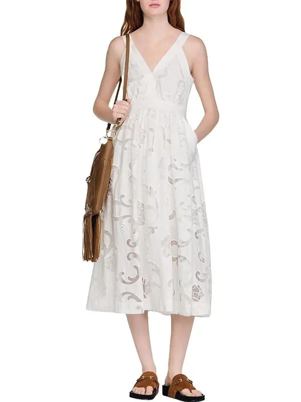 Sandro Openwork Floral Cotton Maxi Dress - Ecru