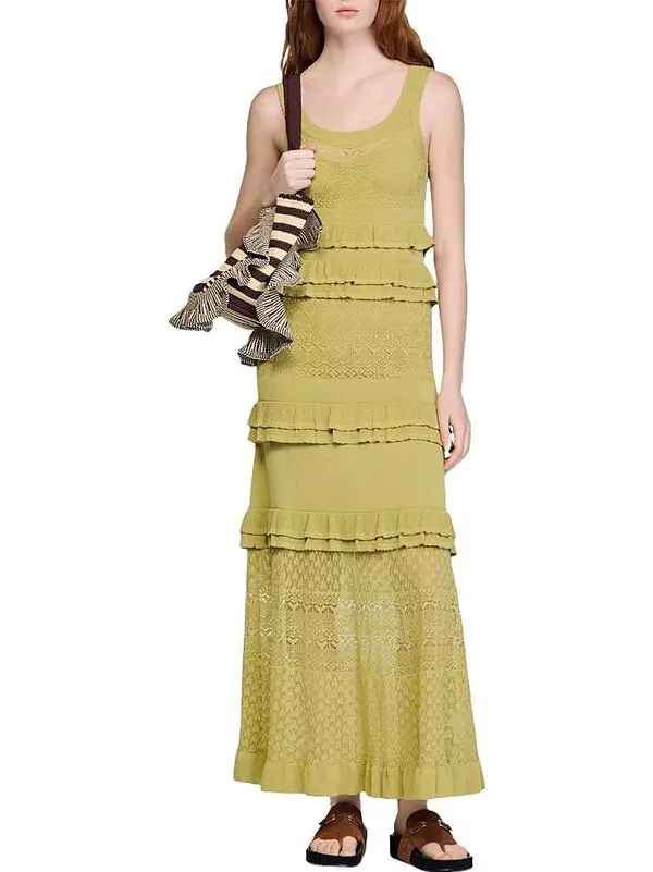 Sandro Ruffled Knit Maxi Dress - Green
