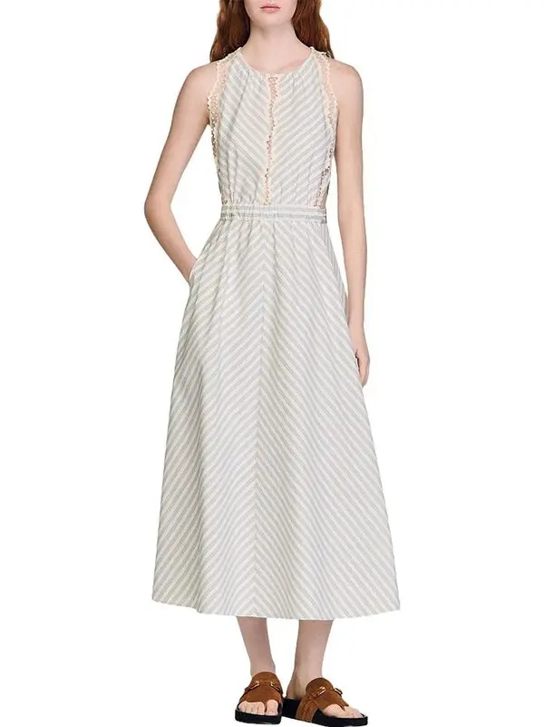 Sandro Striped Cotton Maxi Dress With Lace Trim - Ecru Bleu