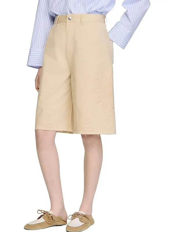 Sandro Cutout Flowers Cotton Bermuda Shorts - Beige