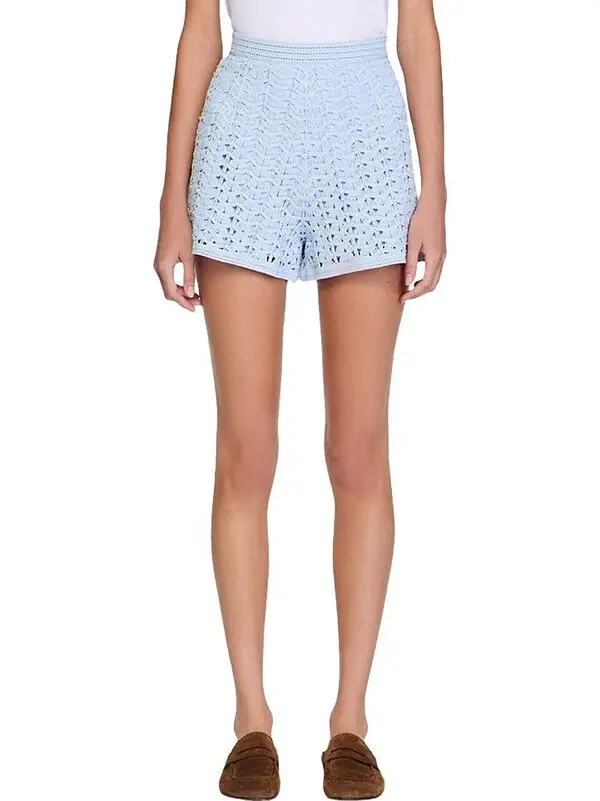 Sandro High Waisted Beaded Crochet Shorts - Sky Blue