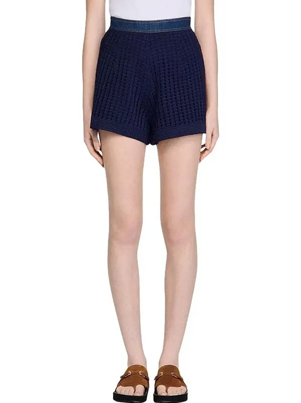 Sandro High Waisted Crochet Shorts - Navy Blue