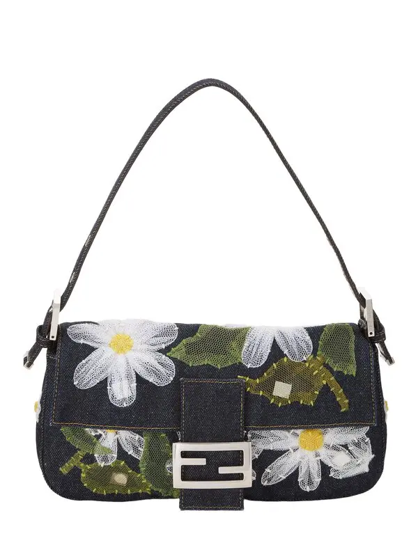Fendi Embroidered Floral Appliqué Denim Baguette - Navy