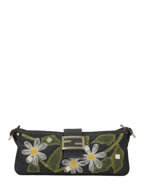 Fendi Denim Floral Appliqué Shoulder Bag - Navy