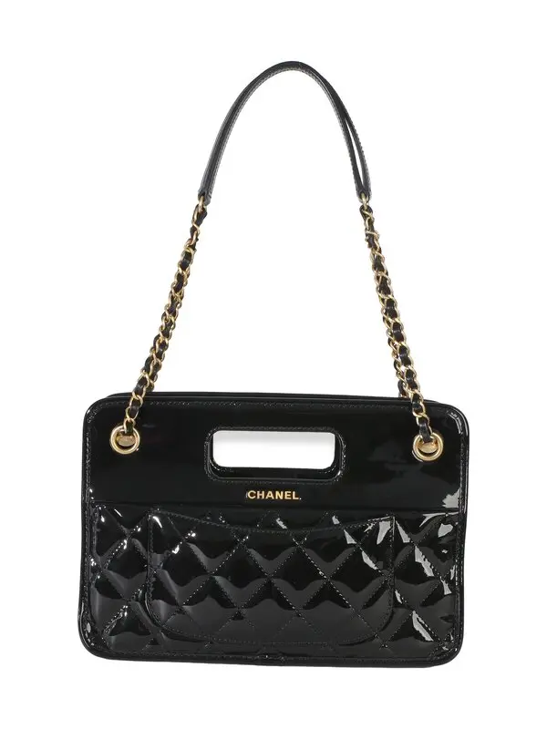 Chanel Quilted Patent Graphic Catch Shopping Bag - Black