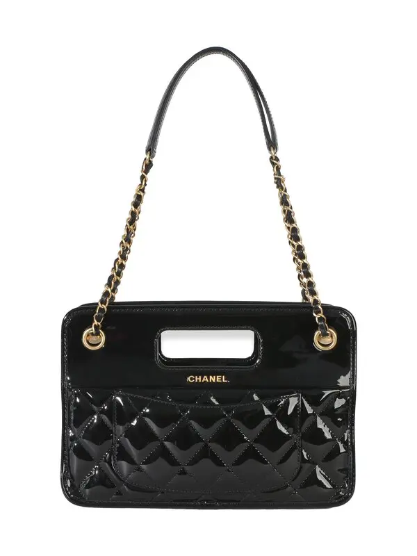 Chanel Quilted Patent Graphic Catch Shopping Bag - Black