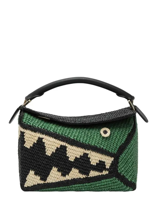 Loewe Small Raffia And Calfskin Bag - Black