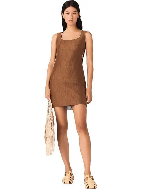Maje Short Linen-blend Dress With Rhinestone Embellishments - Brown