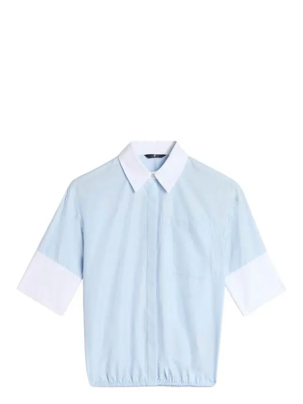 7 For All Mankind Short Sleeve Shirt In Poplin - Blue