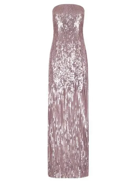 Oscar De La Renta Sequin Fringe Strapless Gown - Gold