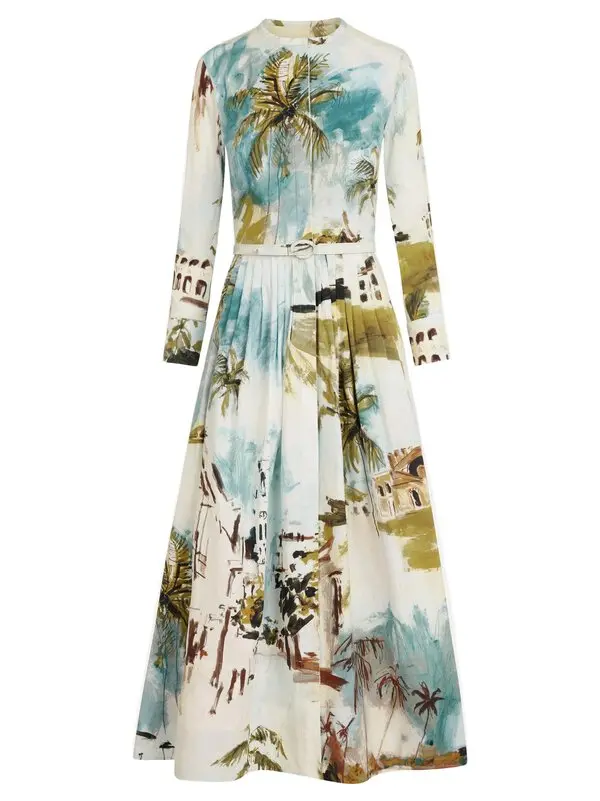 Oscar De La Renta Dominican Landscape Cotton Poplin Short-sleeve Dress - One-color