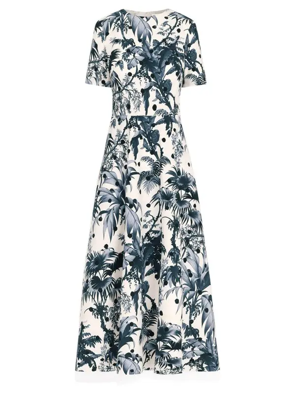 Oscar De La Renta Dotted Palm Leaves Cotton Poplin Short Sleeve Dress - One-color