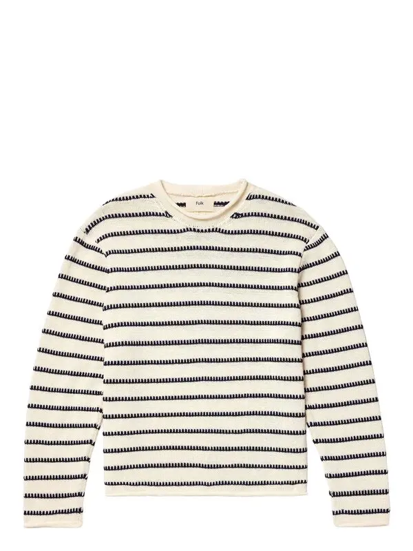 Folk Striped Cotton Sweater - Ecru