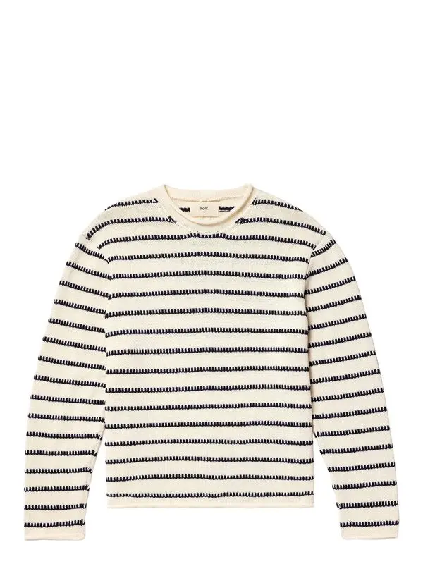 Folk Striped Cotton Sweater - Ecru