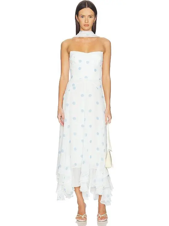 Amanda Uprichard Monterey Polka Dot Dress With Scarf - Ivory & Powder Blue Dot