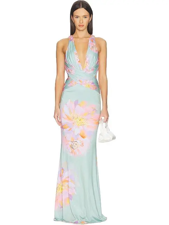 Katie May Floral Print Halterneck Gown - Sage Bloom