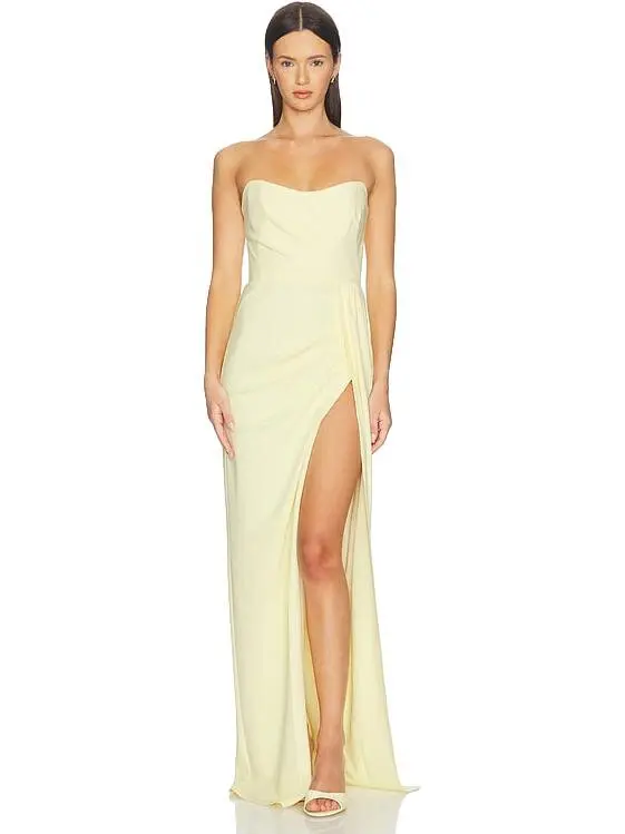 Katie May Strapless Gown With Draped Detail And Slit - Butter Yellow