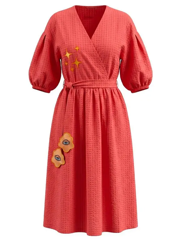 KING NAKED Wrap Dress With Gold Embroidery - Red