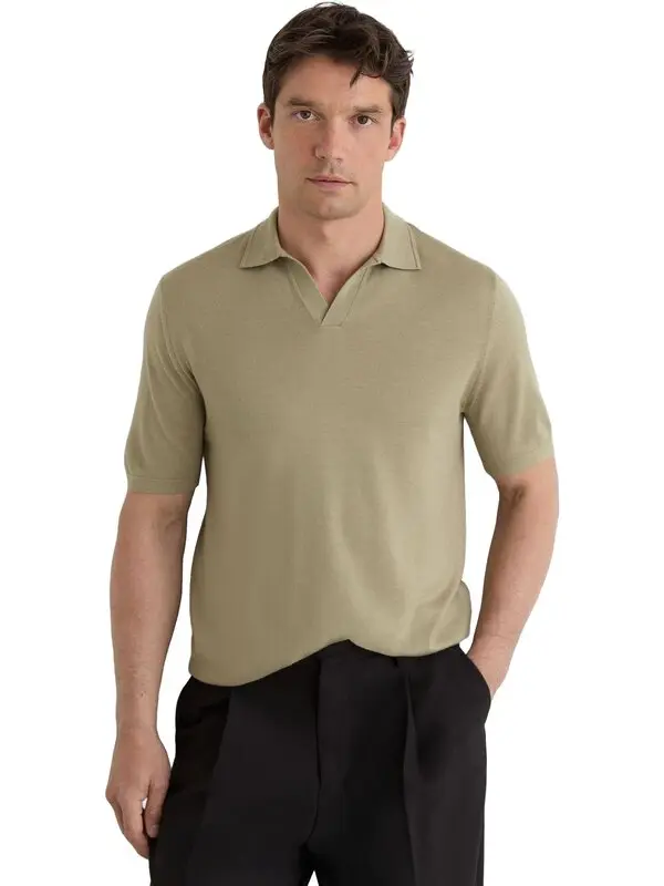 REISS Duchie Merino Wool Open-collar Polo Shirt - Soft Olive Green