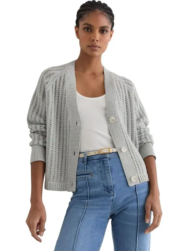 REISS Constance Cotton-blend Open-knit Cardigan - Silver Grey