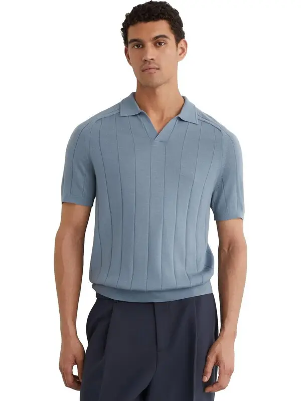 REISS Chelmsford Merino Wool Wide-rib Polo Jumper - Armour Blue