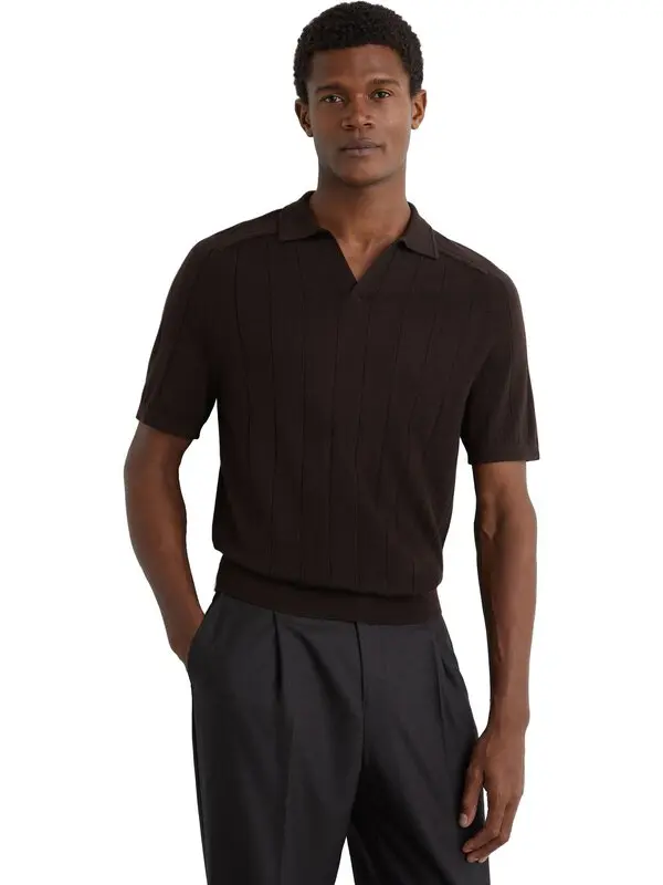REISS Chelmsford Merino Wool Wide-rib Polo Jumper - Chocolate Brown