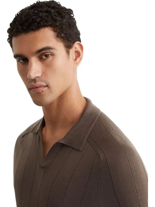 REISS Chelmsford Merino Wool Wide-rib Polo Jumper - Ridge Brown