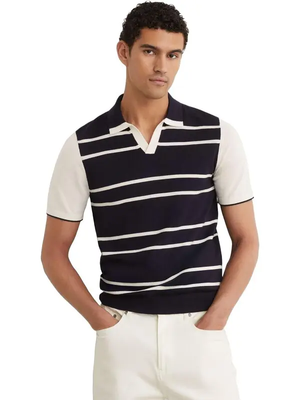 REISS Miles Merino Wool Striped-knit Polo Jumper - Navy/white