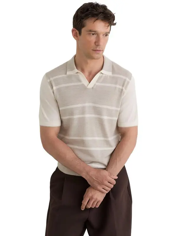 REISS Miles Merino Wool Striped-knit Polo Jumper - Oatmeal/white