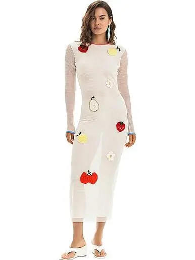 Victoria's Secret Agua Bendita Robin Mesh Midi Dress With Fruit Appliques - White,ivory