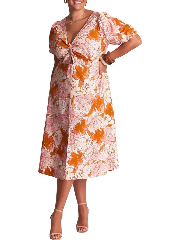 ESTELLE Amira Floral Print Puff Sleeve Midi Dress - Sunset
