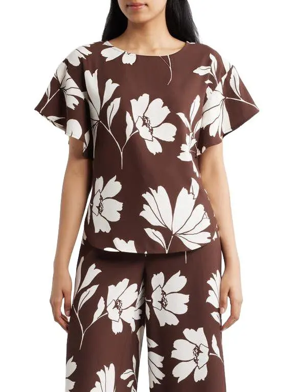 Anne Klein Floral Flutter Sleeve Top - Dark Choclate/whte