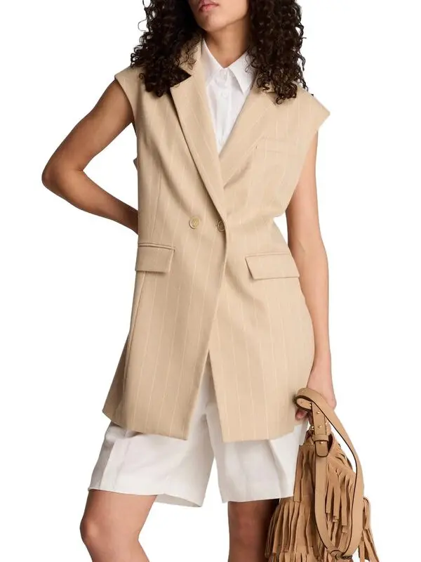 KENNETH COLE Sleeveless Pinstripe Vest Mini Shirtdress - Tile Stripes Taupe/pure White