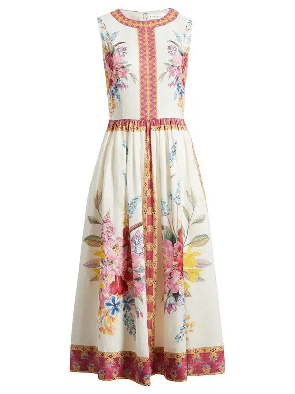 Elie Tahari Scarlette Floral Print Linen Blend Midi Dress - Tiara Garden Print