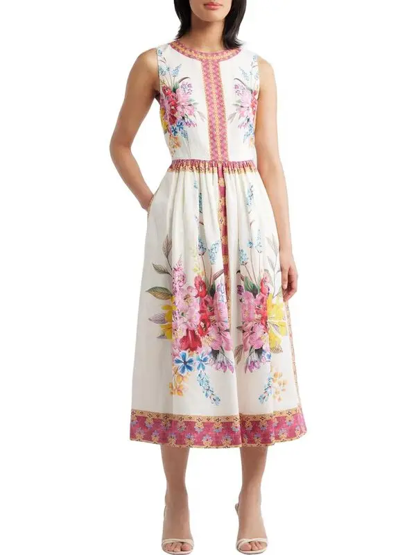 Elie Tahari Scarlette Floral Print Linen Blend Midi Dress - Tiara Garden Print