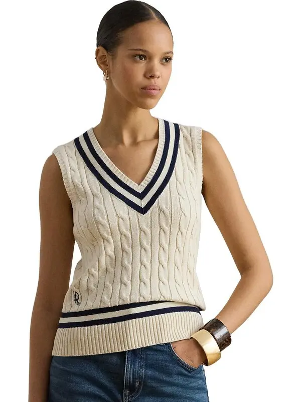 Ralph Lauren Cable-knit Cotton Cricket Sweater Vest - Mascarpone Cream/navy
