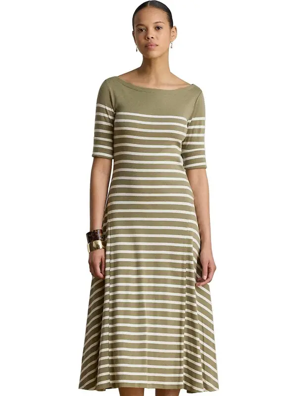Ralph Lauren Breton-stripe Cotton Ribbed Midi Dress - Light Agave/cream